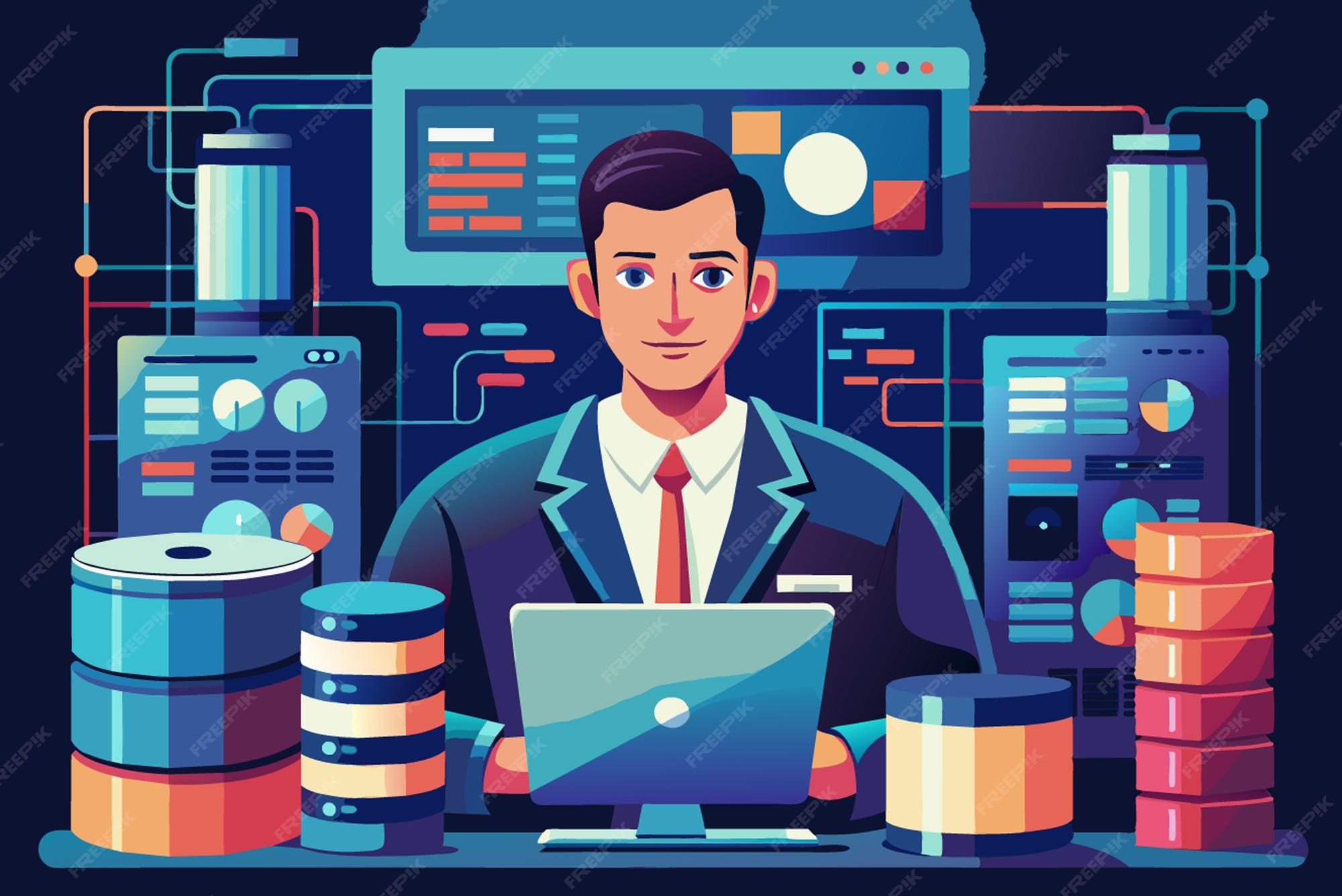 Premium Vector | Flat Style Database Administrator with Database ...