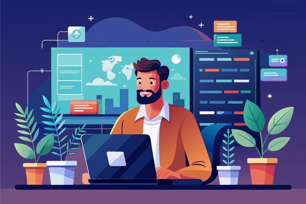 Flat Style Web Developer With Web Development Frameworks And Coding