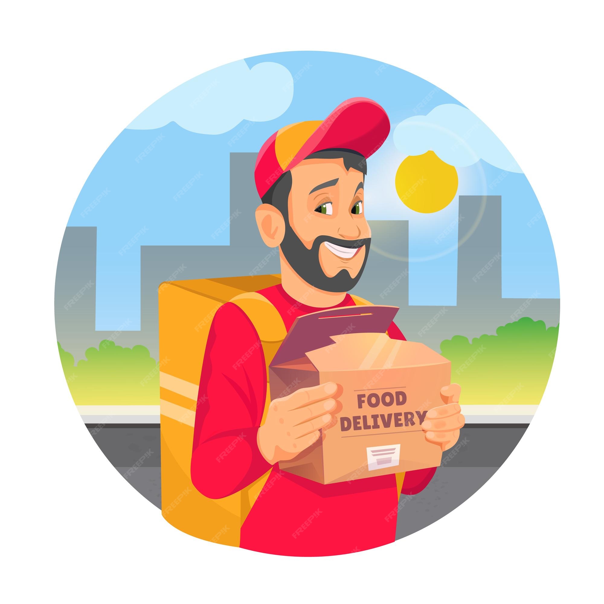 Premium Vector Food Delivery Man Holding Fast Food Box On City