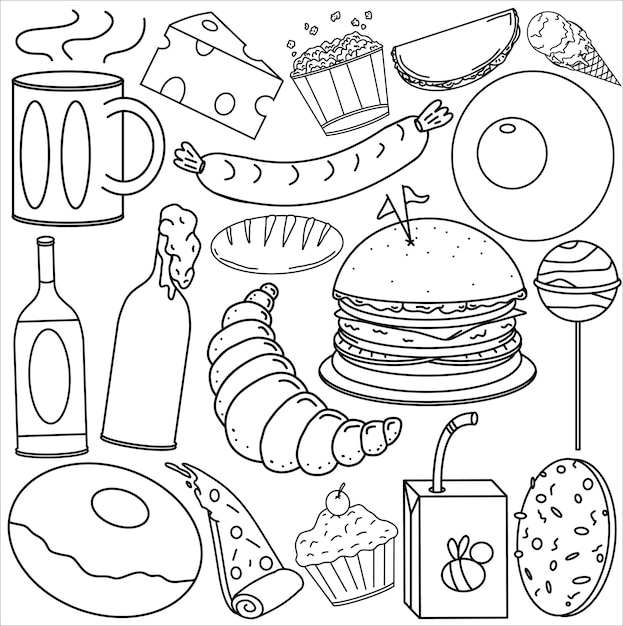 Premium Vector | Foods Doodle Coloring Book Premium Vector | Foods Doodle Coloring Book