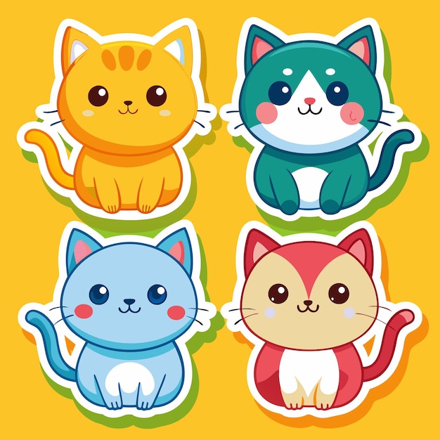 Four Cute Cartoon Cats In Different Colors On A Yellow Background