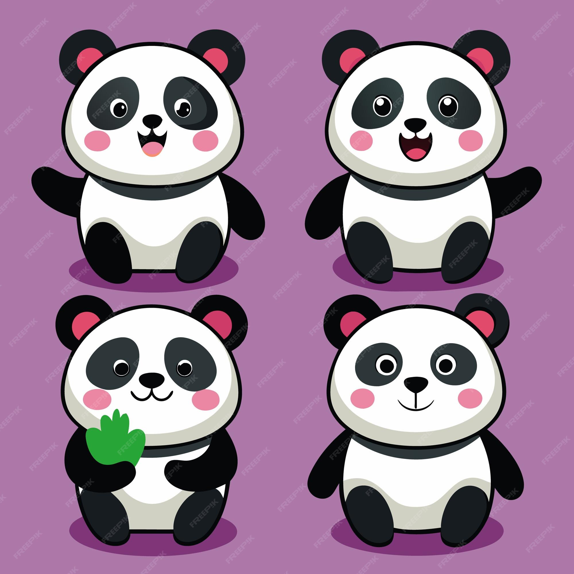 Four Cute Pandas With Different Expressions And Actions On A Purple Background Premium Ai