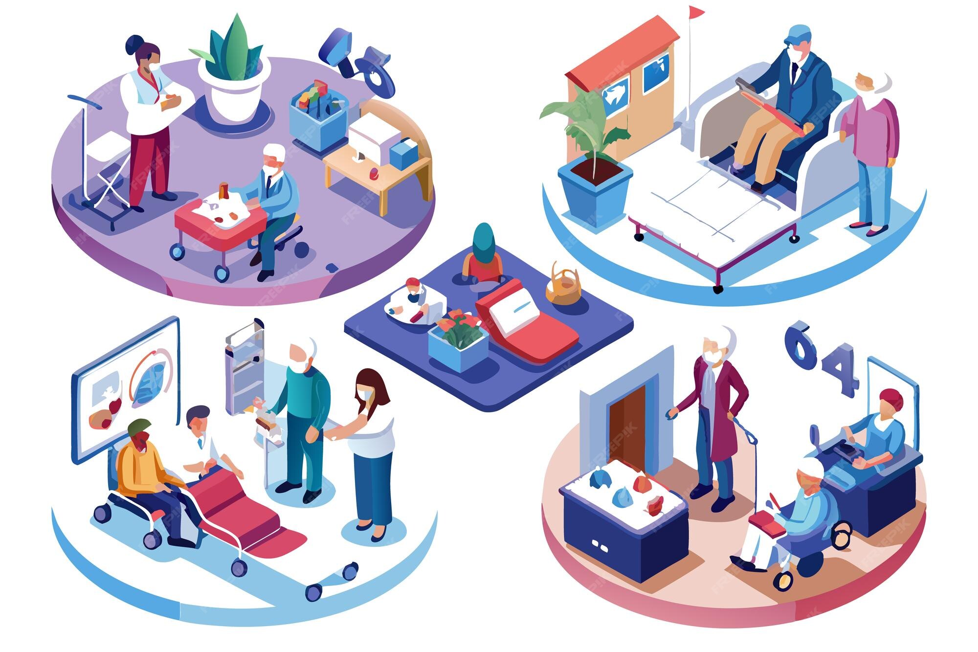 Four isometric illustrations depicting various aspects of senior care ... Four isometric illustrations depicting various aspects of senior care ...