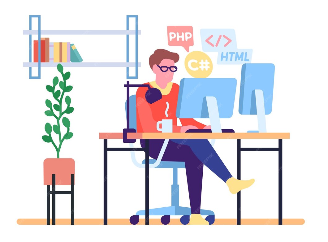 Premium Vector | Freelance programmer working on his project from home ...