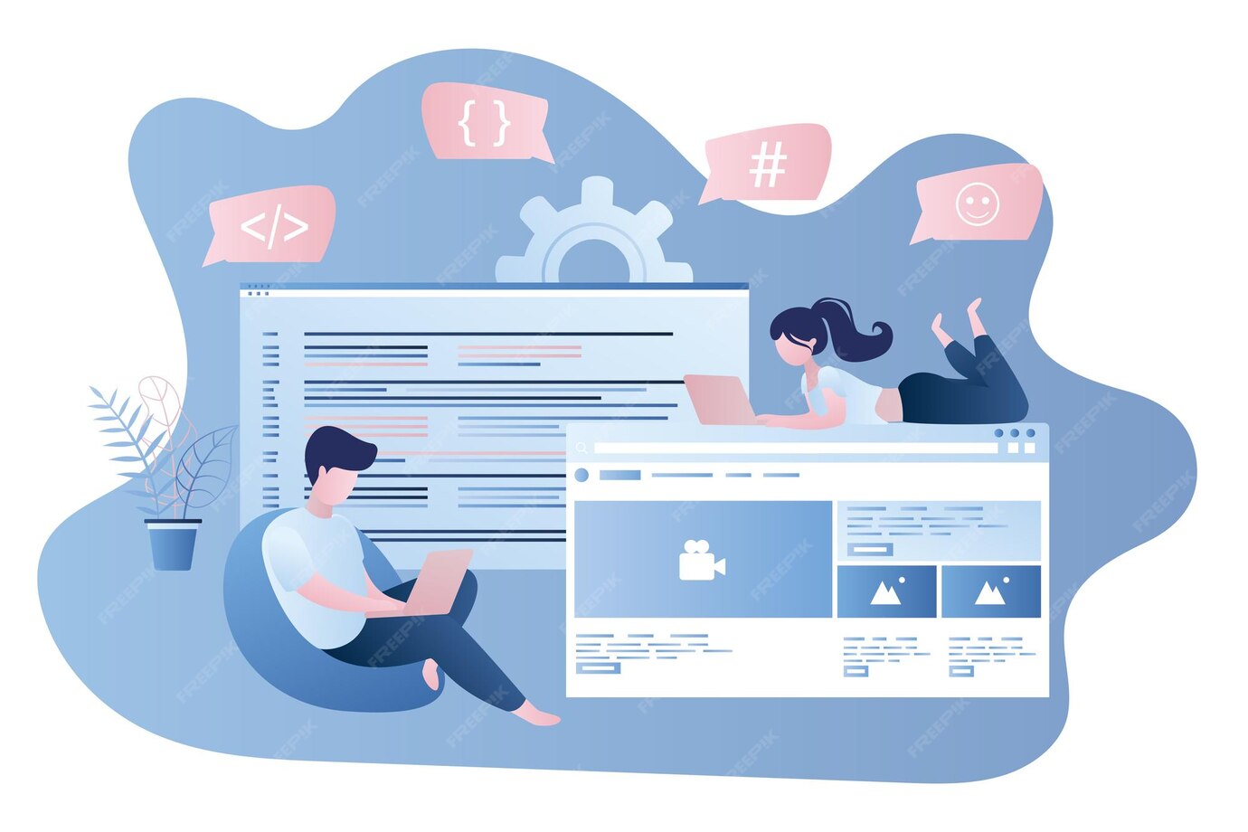 Premium Vector | Frontend and backend development coder and programmer with laptops at work web ...