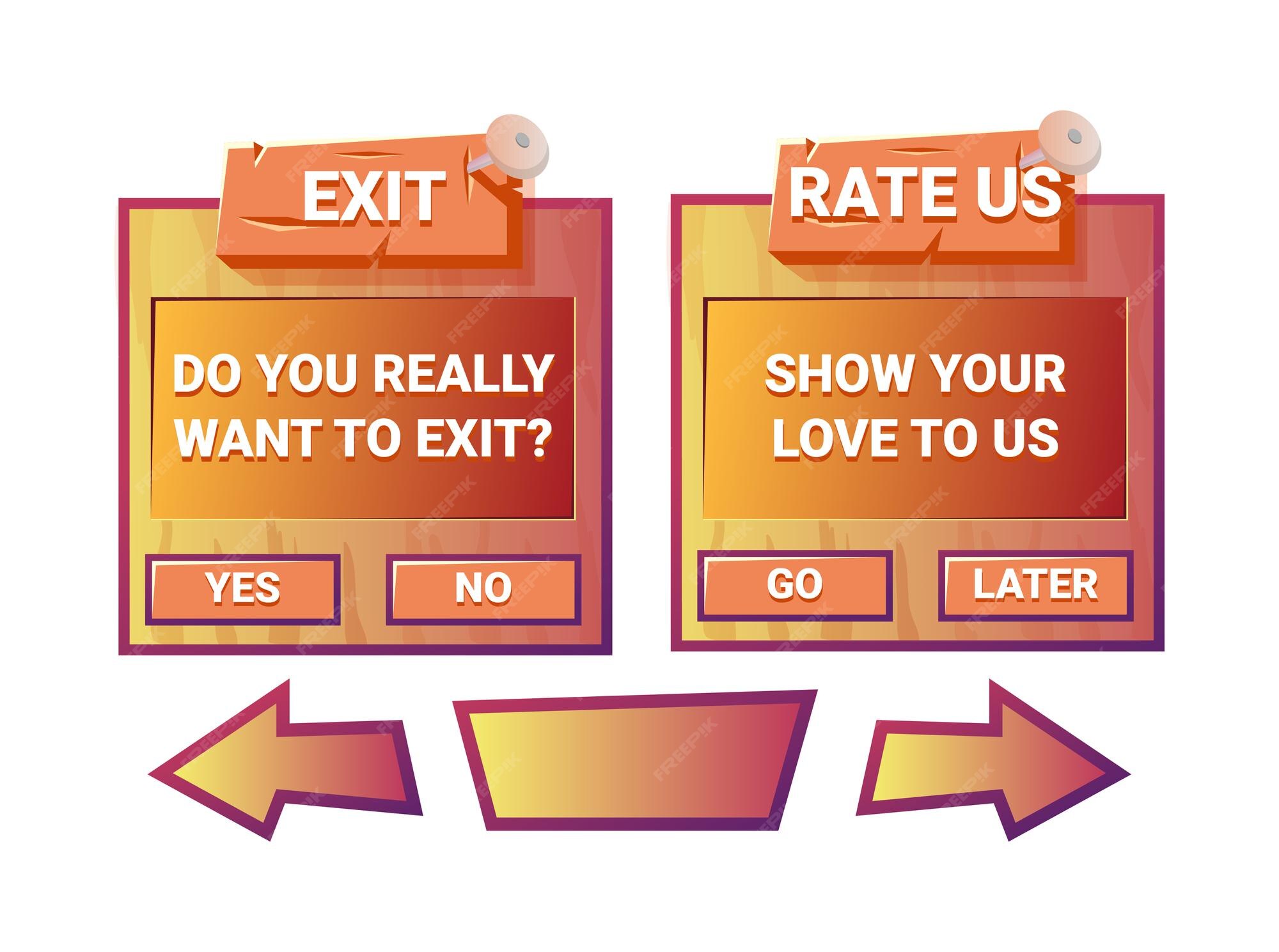 Premium Vector | Funny old wooden game ui exit and rate us pop up menu interface with button ...