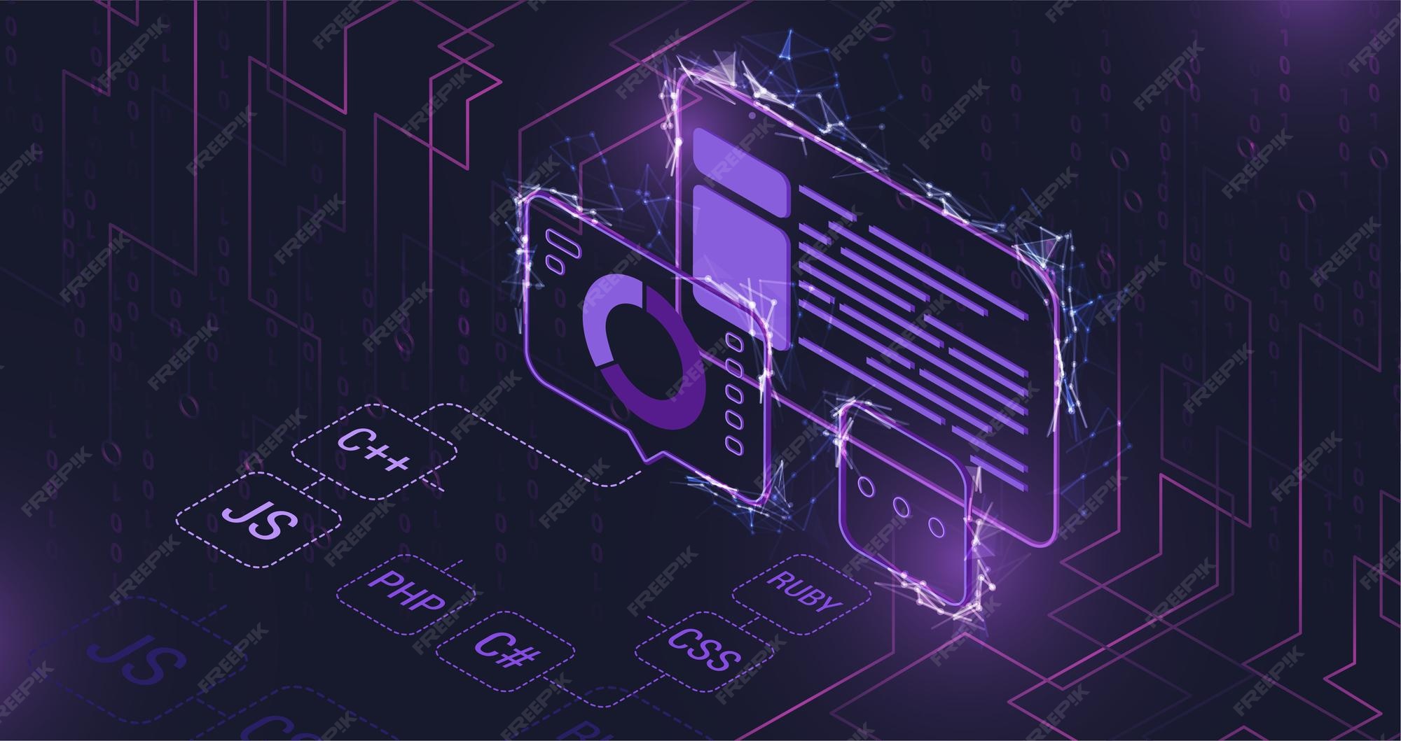 Premium Vector | Futuristic programming concept with holographic interface and coding languages ...