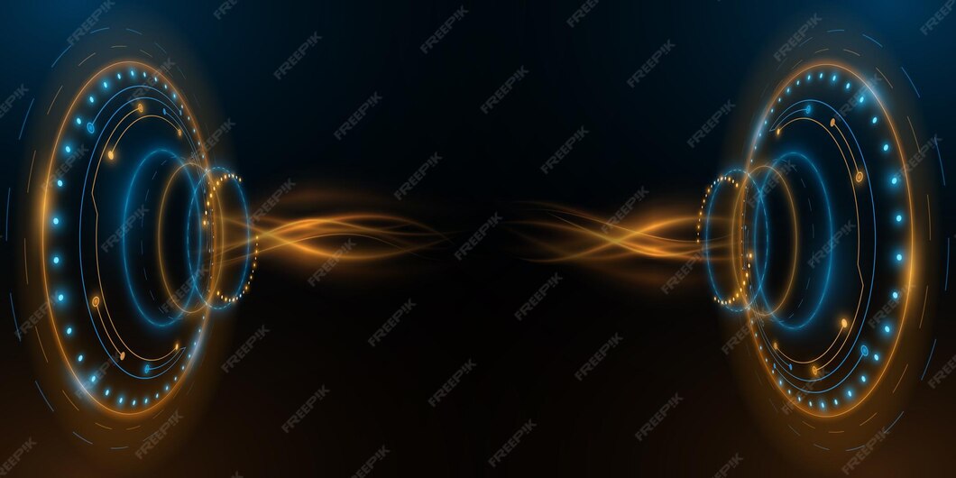 빛나는 파도의 파란색과 주황색 조명 효과가 있는 미래 기술 배경 디지털 Hud 요소 사용자 인터페이스 Ui 및 Gui 디자인 사이버 공간 대시보드 디스플레이 벡터 프리미엄 벡터