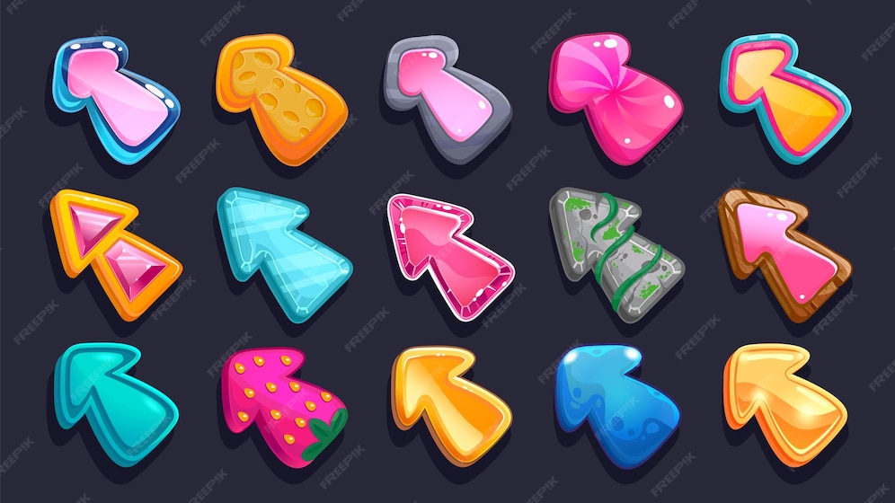 게임 화살표 자산 만화 커서 및 포인터 인터페이스 요소 게임 사용자 인터페이스를 위한 다양한 모양 재료 및 색상 스프라이트 컬렉션의 화살표 프리미엄 벡터