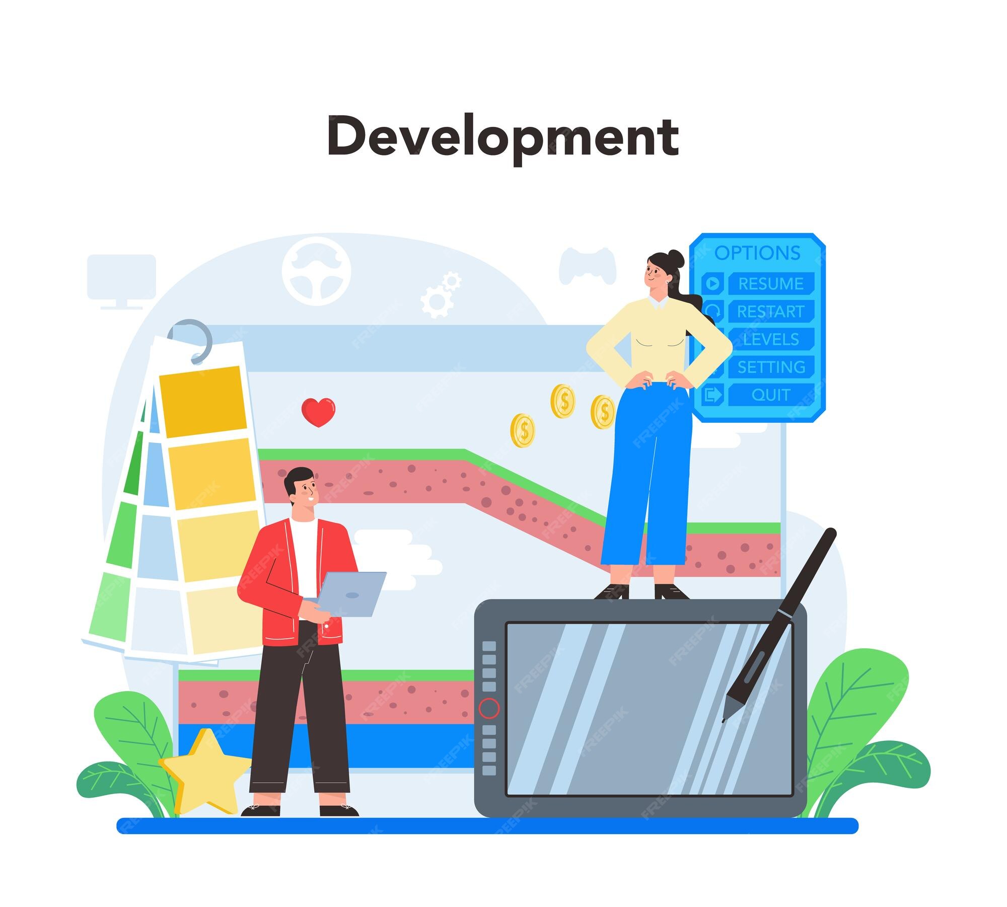 게임 개발 개념 컴퓨터 비디오 게임 디자인의 창조적 인 과정 디지털 기술 프로그래밍 코딩 및 테스트 격리 된 평면 벡터 일러스트 레이 션 프리미엄 벡터