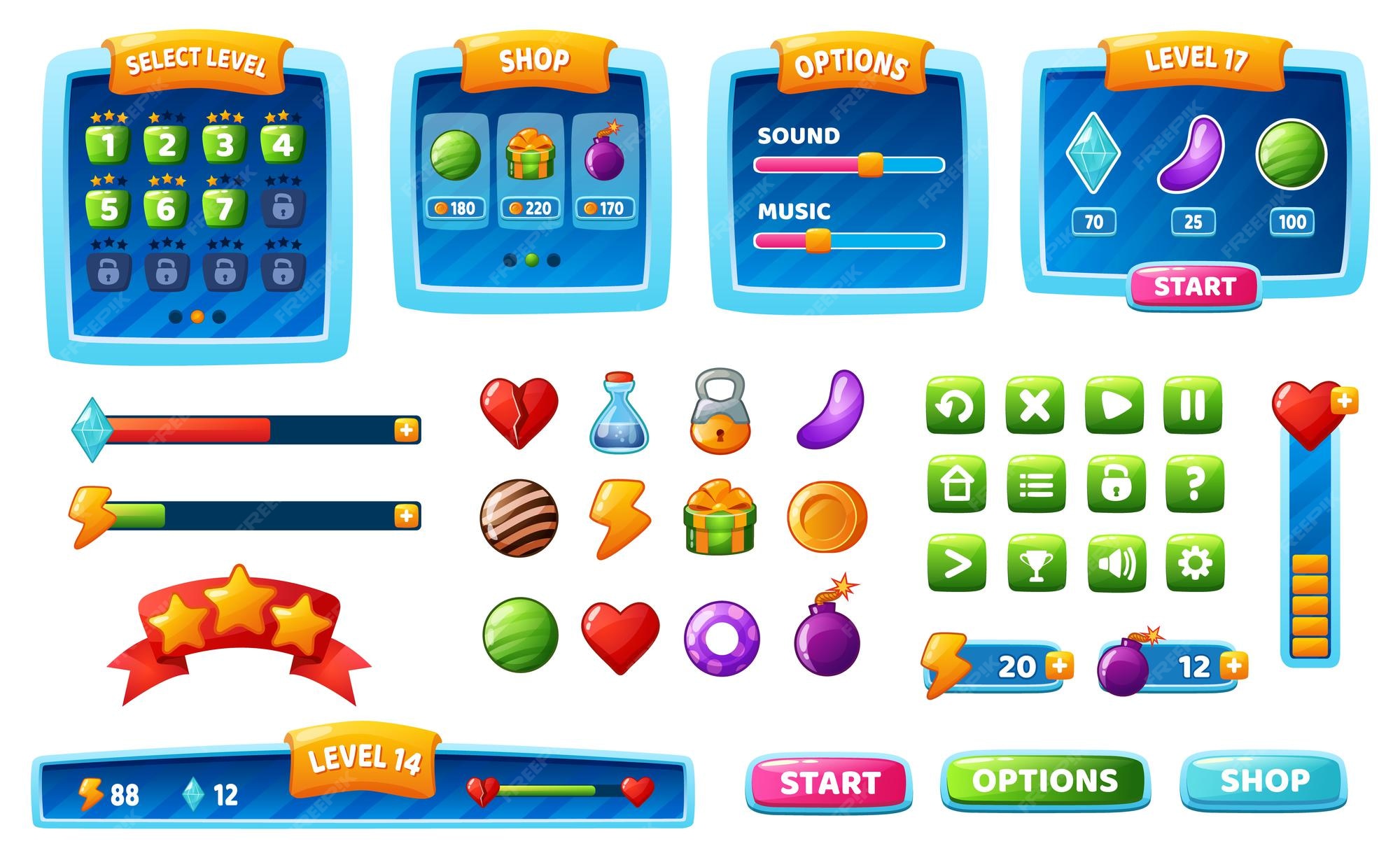 Premium Vector | Game ui kit, cartoon gaming interface buttons, icons, menu. Mobile app gui ...