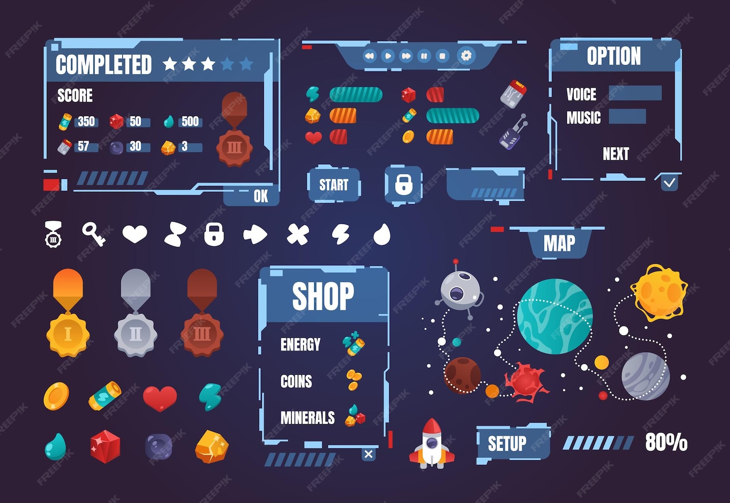 Premium Vector | Game UI kit Cartoon interface menu elements Buttons and progress bars set Award ...