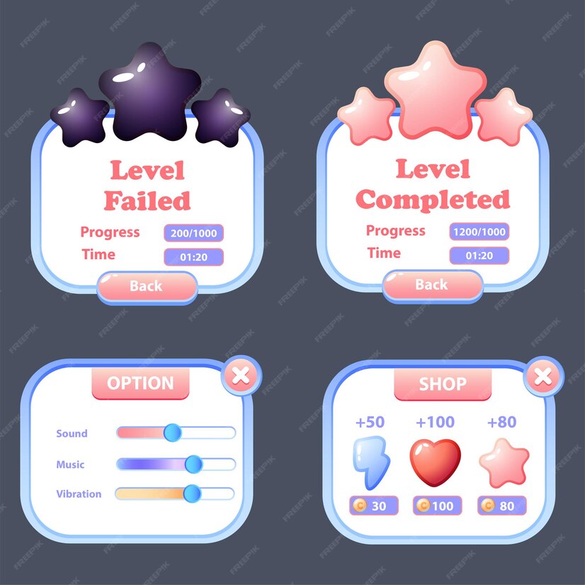 2d 게임 캐주얼 게임 벡터를 구축하기 위한 사용자 인터페이스 Gui의 게임 Ui 키트 세트는 모바일에서 사용할 수 있습니다