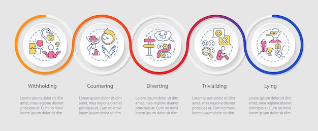 가스라이팅 레드 플래그 루프 인포그래픽 템플릿 카운터 및 거짓말 5단계로 데이터 시각화 프로세스 타임라인 정보 차트 라인 아이콘이 있는 워크플로 레이아웃 Myriad