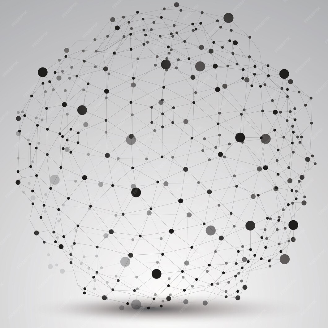 기하학적 추상 3d 복잡한 격자 개체 와이어프레임 구조와 연결된 검은색 선이 있는 단일 색상 비대칭 요소입니다 프리미엄 벡터