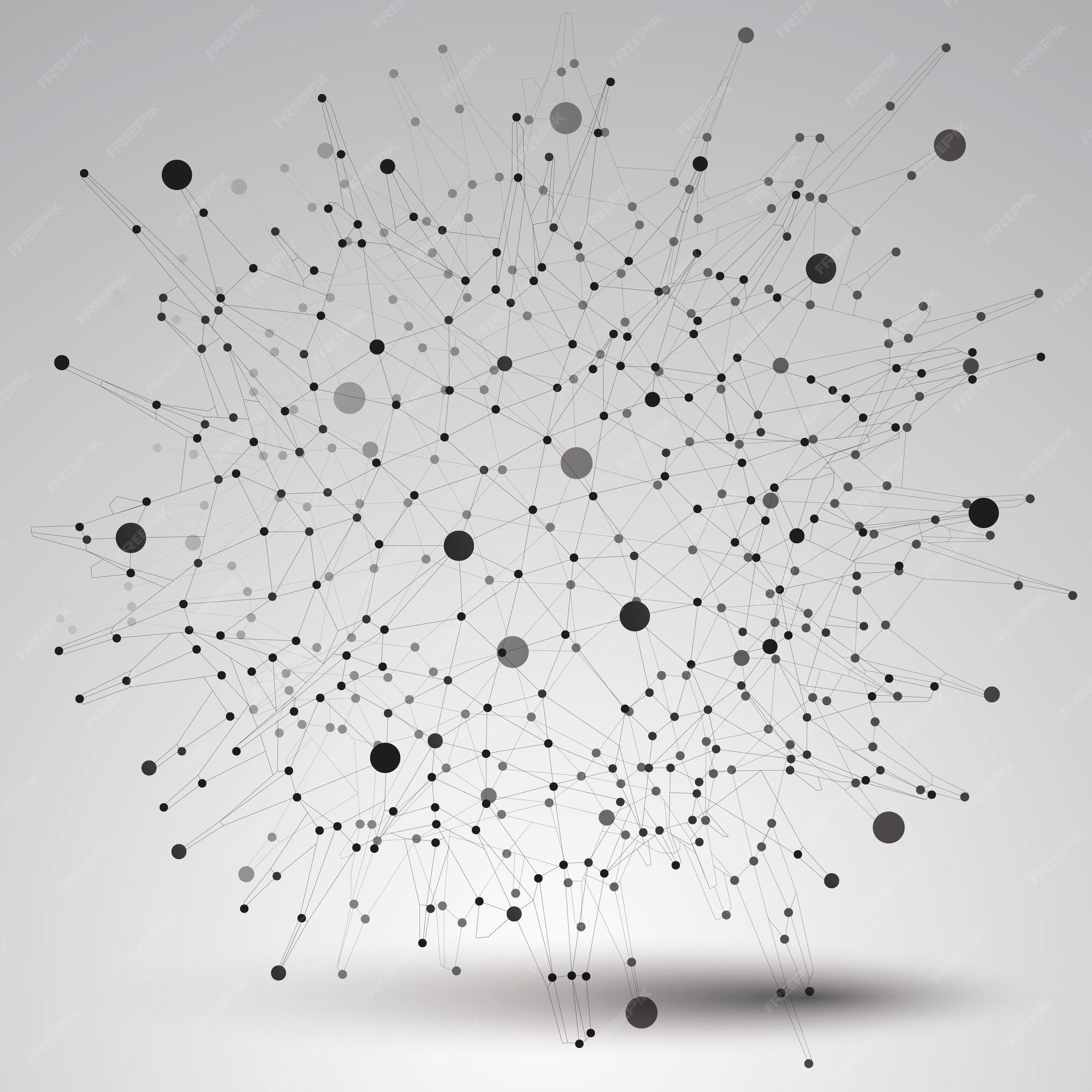 기하학적 추상 3d 복잡한 격자 개체 와이어프레임 구조 및 연결된 검은색 선이 있는 벡터 비대칭 요소입니다 프리미엄 벡터