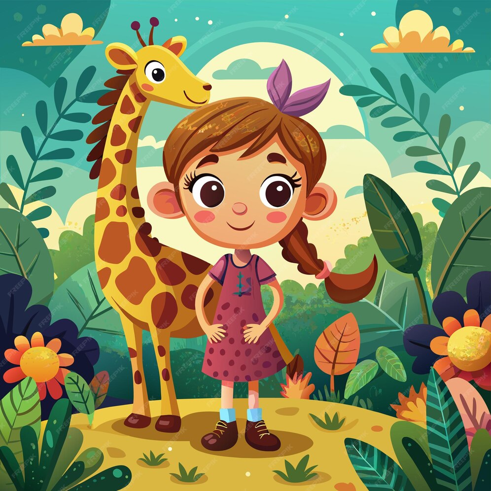 Premium Vector A Girl And A Giraffe Are Standing In A Jungle With A Giraffe