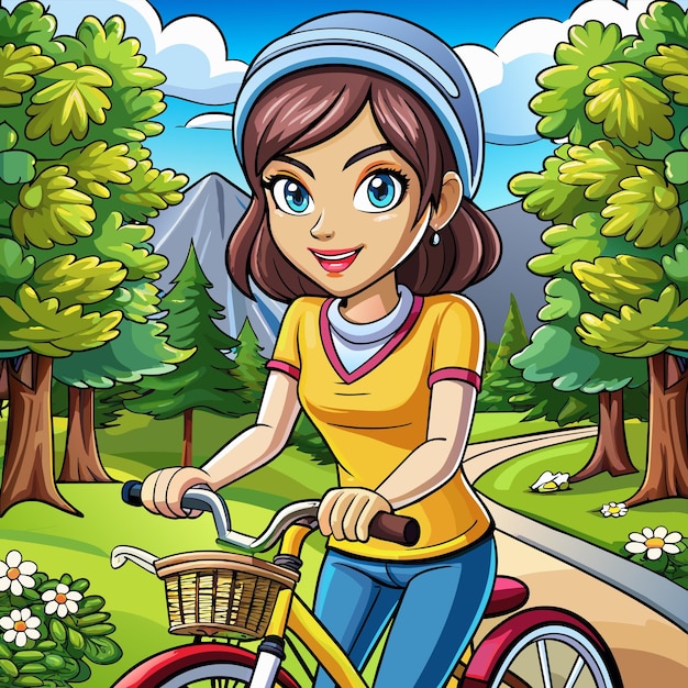 Premium Vector A Girl Riding A Bike With A Basket On The Front