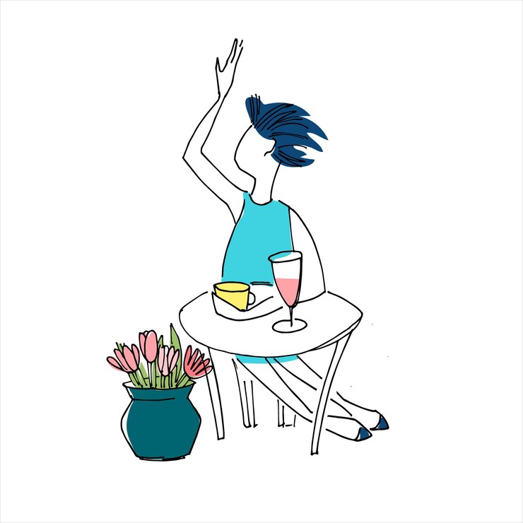 Premium Vector Girl Sitting At The Cafe Table And Waving Her Arm Hand