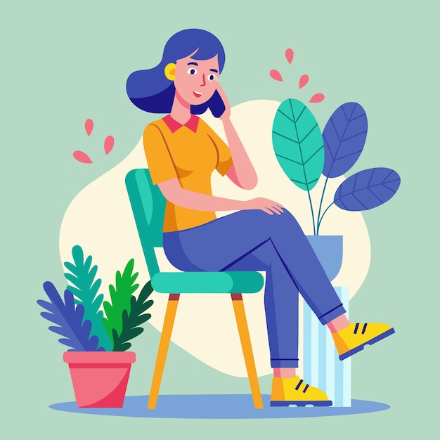 Premium Vector A Girl Sitting A Chair And Talking On Mobile Vector