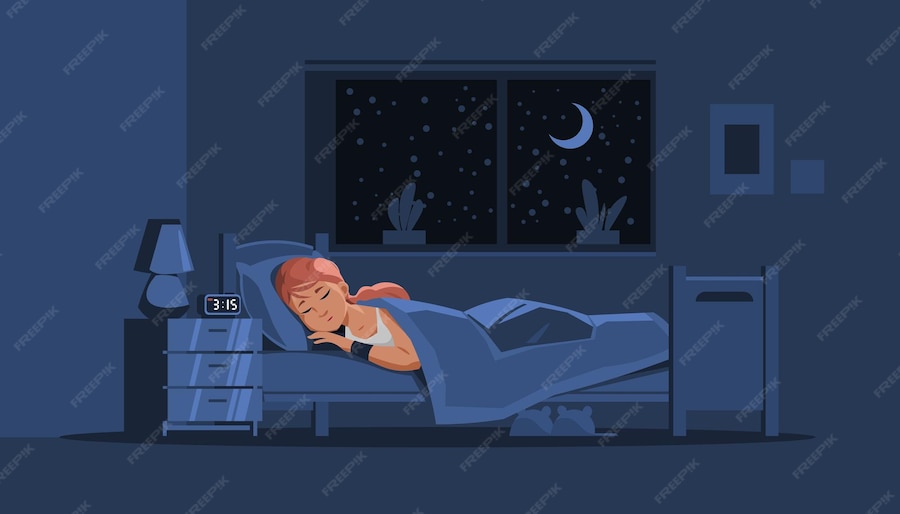 Premium Vector Girl Sleeping In Bed Cartoon Night Scene With Young Woman Character Resting In