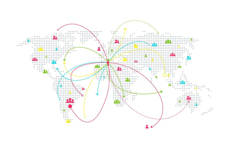 글로벌 네트워크 연결 개념입니다 빅 데이터 시각화 글로벌 컴퓨터 네트워크에서 소셜 네트워크 통신 인터넷 기술 사업 과학 벡터 일러스트 레이 션 프리미엄 벡터