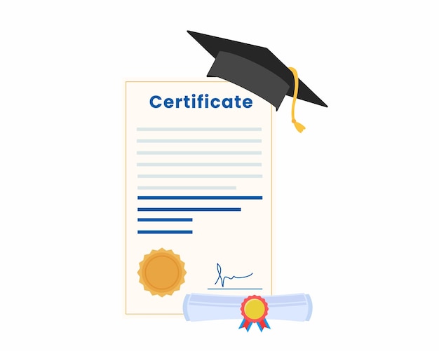 Certificato di laurea con cappello di laurea e rotolo arrotolato del ... Certificato di laurea con cappello di laurea e rotolo arrotolato del ...