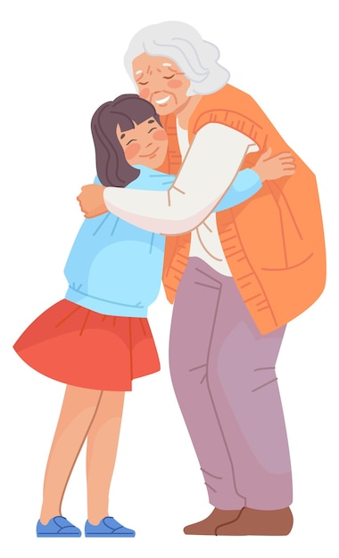 Premium Vector Grandma Hugging Granddaughter Happy Old Woman With Girl