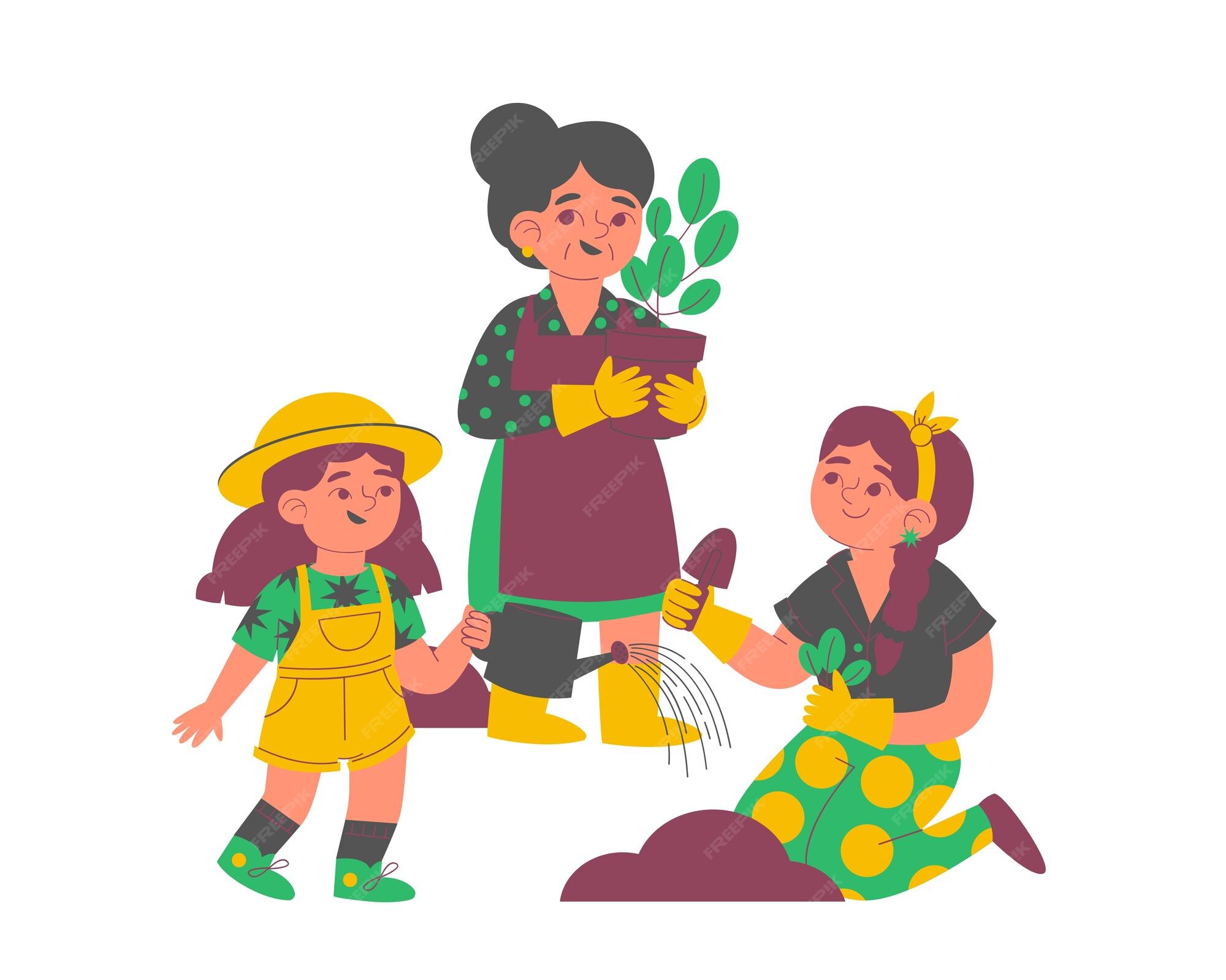 Premium Vector | Grandmother grandmother and granddaughter watering ... Premium Vector | Grandmother grandmother and granddaughter watering ...