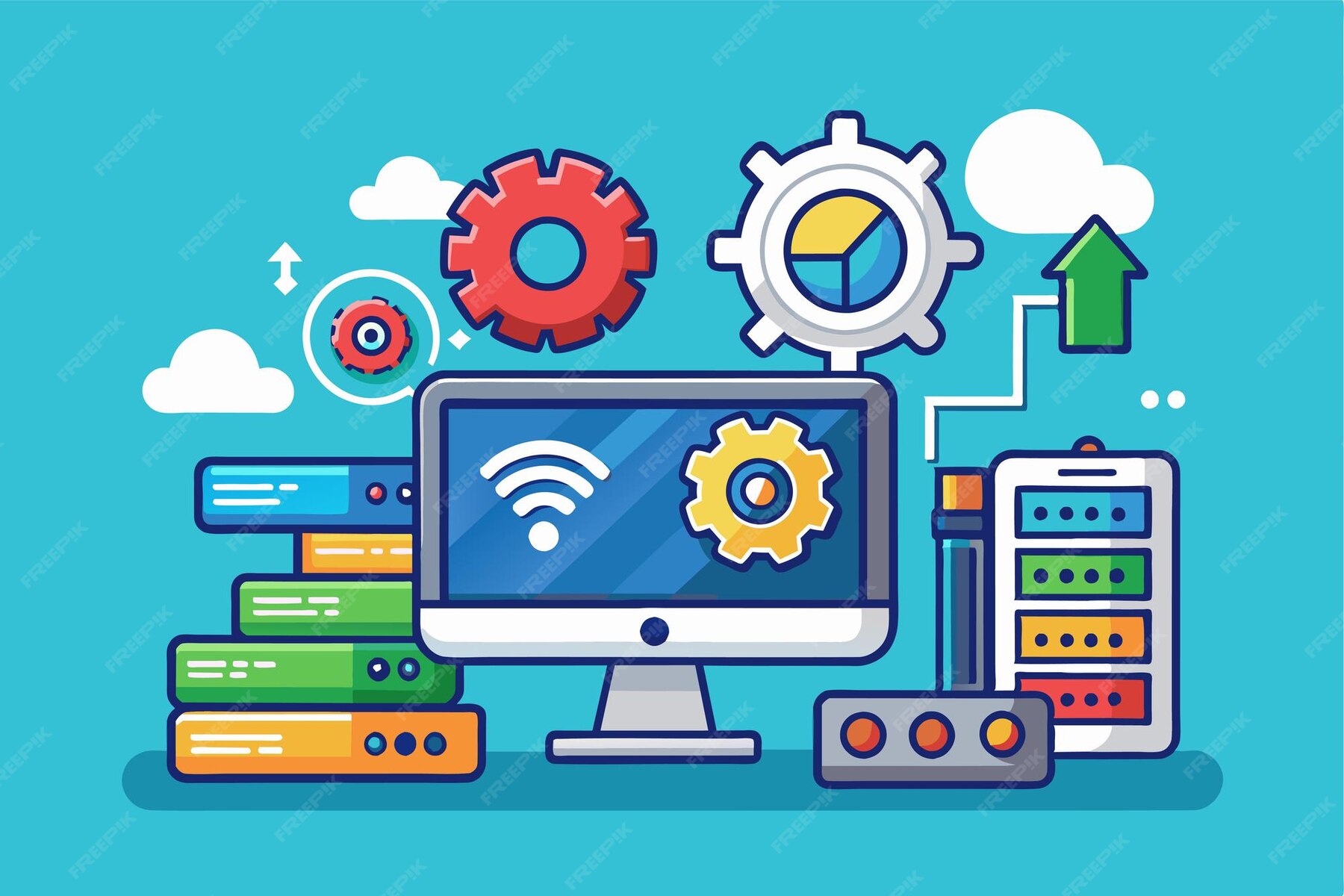 A graphic representation of a customizable operating system upgrade featuring gears a computer ...