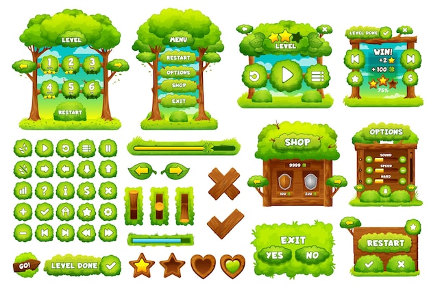 Premium Vector | Green forest game interface Ui game buttons set Premium Vector | Green forest game interface Ui game buttons set