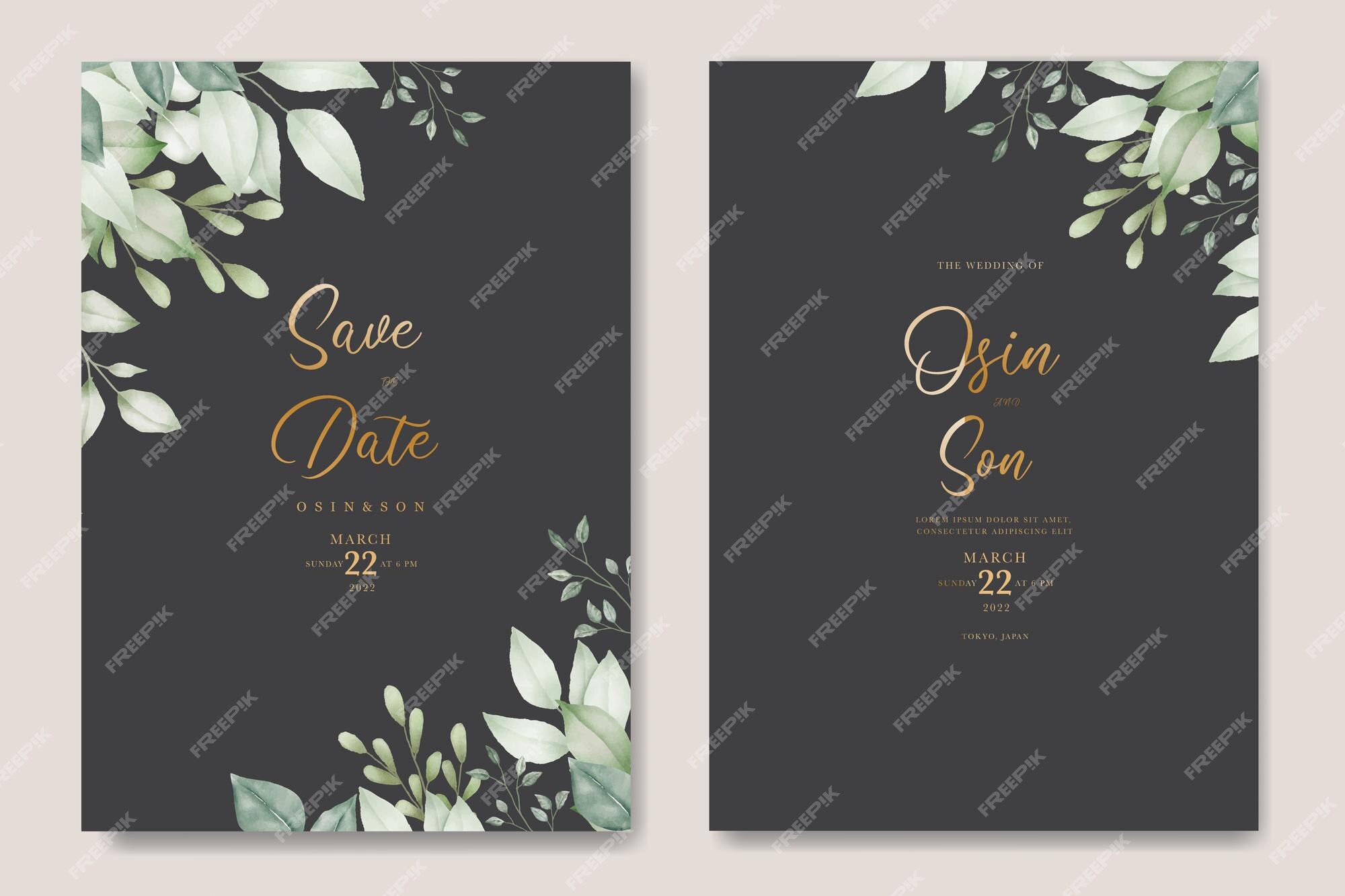 Premium Vector Green Leaves Watercolor Wedding Invitation Card Template