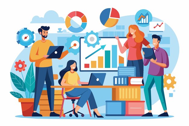 A group collaborates in an office analyzing charts and discussing ... A group collaborates in an office analyzing charts and discussing ...