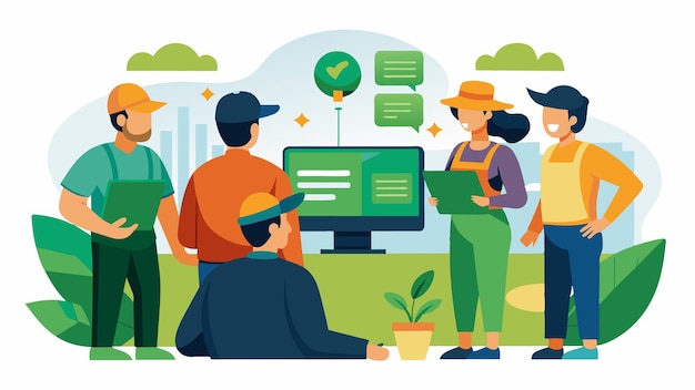 Premium Vector | A group of farmers gathered around a computer using ... Premium Vector | A group of farmers gathered around a computer using ...