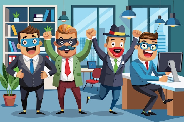 A group of four jubilant businessmen dressed in suits enthusiastically ... A group of four jubilant businessmen dressed in suits enthusiastically ...