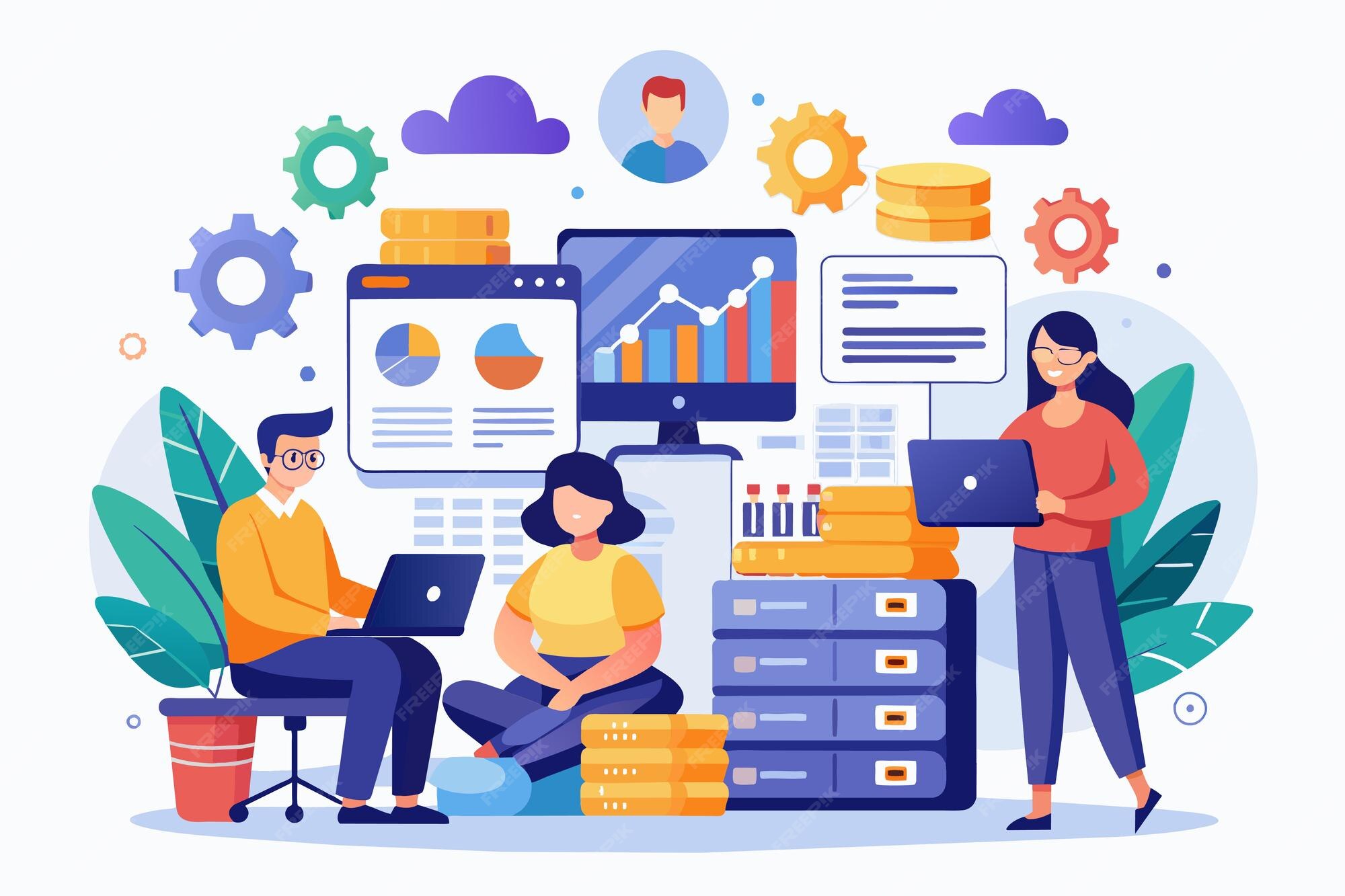 Premium Vector | Group of individuals sitting looking at computer screen displaying a chart data ...