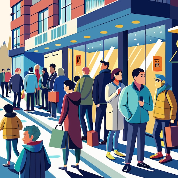 A group of people stand in line outside a store waiting to enter ... A group of people stand in line outside a store waiting to enter ...