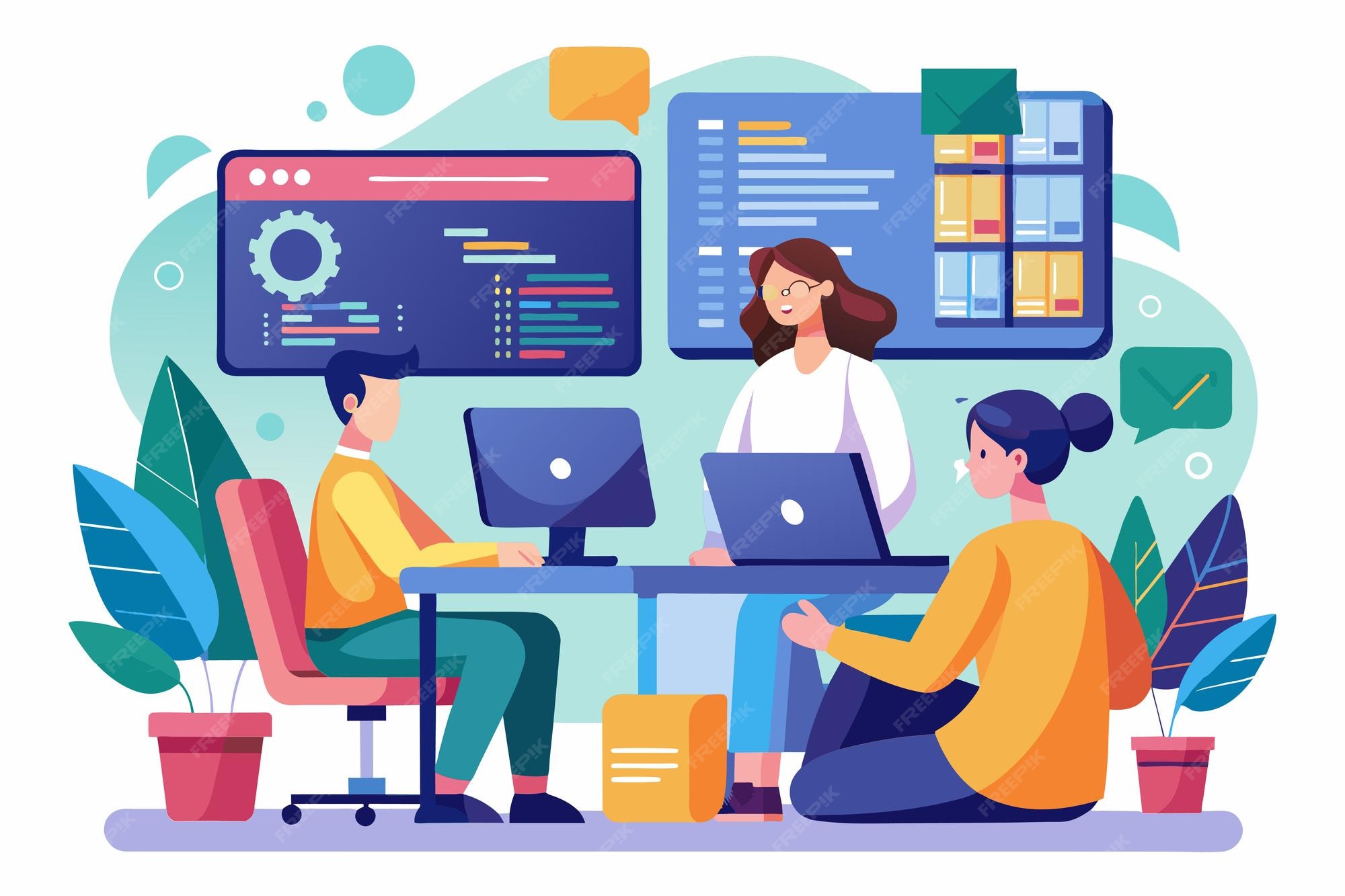 Premium Vector | Group of People Working Together With Laptops programmers learn programming ...