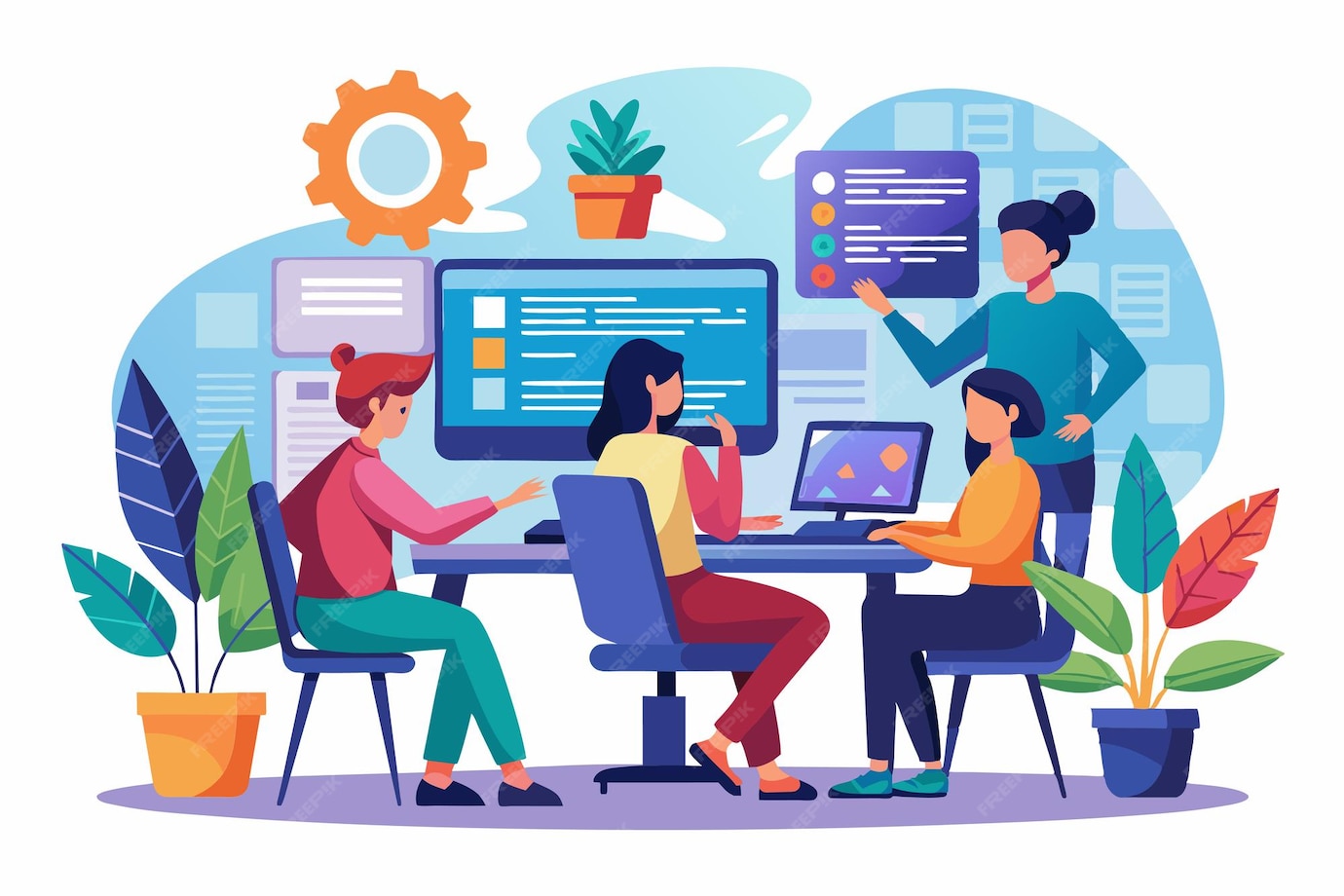 A group of programmers engages in collaborative coding at a desk in a bright modern office ...