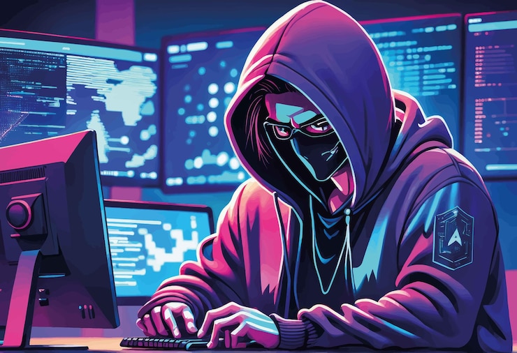 Premium Vector | Hacker in cyber security with a computer hacking attack hacker in cyber ...