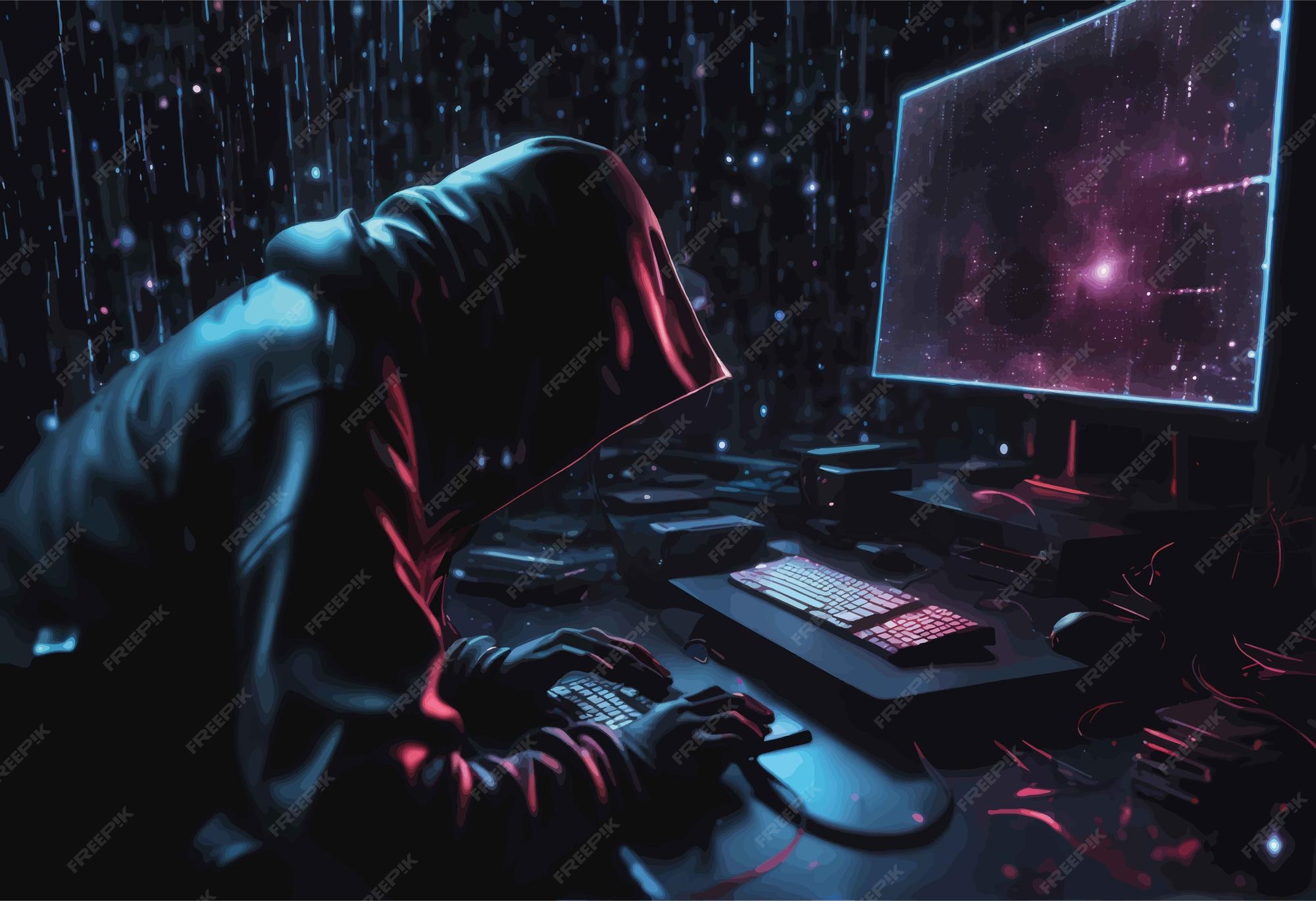 Premium Vector | Hacker hacker in a black computer with a laptop a hacker concept in a business ...