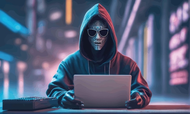 Premium Vector | Hacker in hoodie with computer hacker in hoodie with computer cyber hacker ...