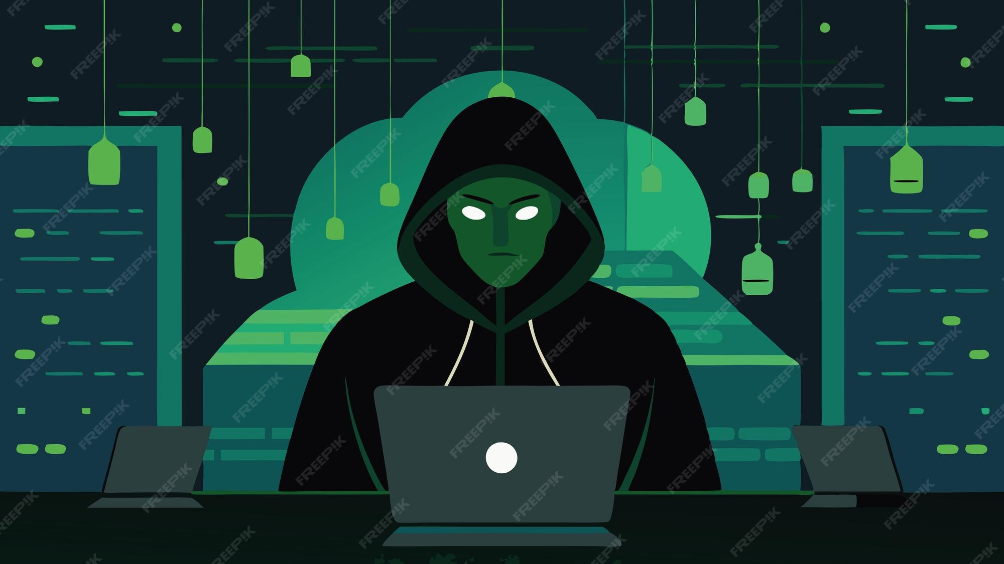 Hacker Programmer It Specialist Coder Sitting At A Laptop In The Hoodie