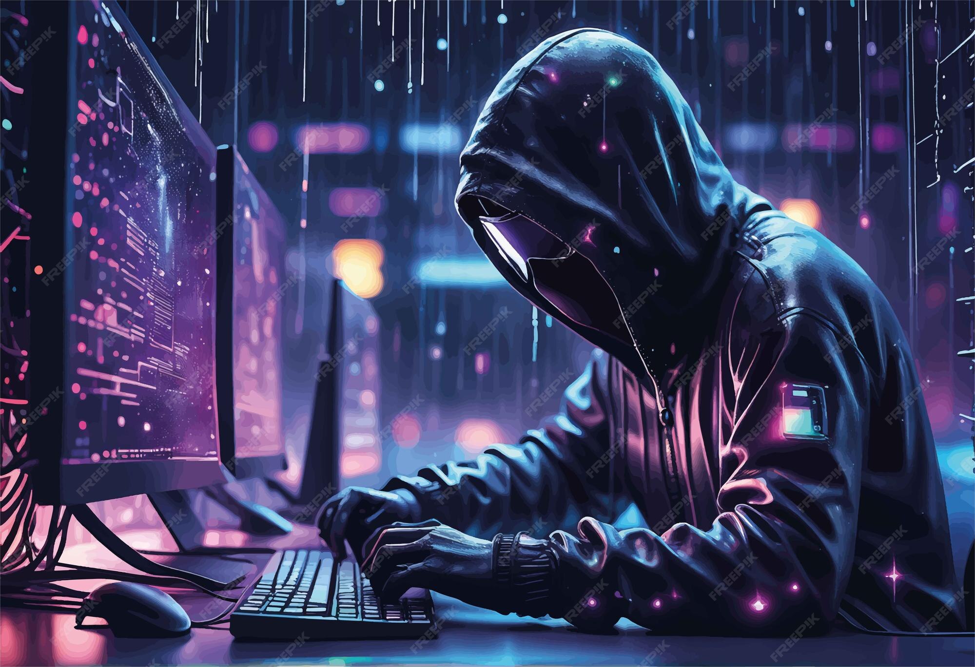 Premium Vector Hacker With Computer In Dark Room With Binary Code Hacker With Computer In Dark