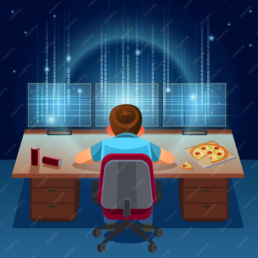 Premium Vector | Hacker working on a code on dark digital background ...