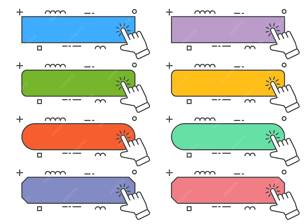 Premium Vector Hand Cursor With Click Here Banner Vector Set Action Button With Mouse Click