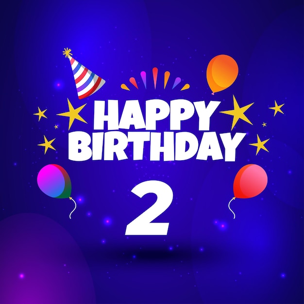 Premium Vector Happy 2nd birthday greeting card. Party multi colored balloons hat stars and stylish lettering