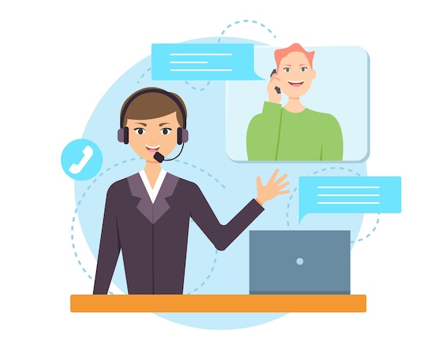 Premium Vector | Happy client calling to support line operator talking ... Premium Vector | Happy client calling to support line operator talking ...