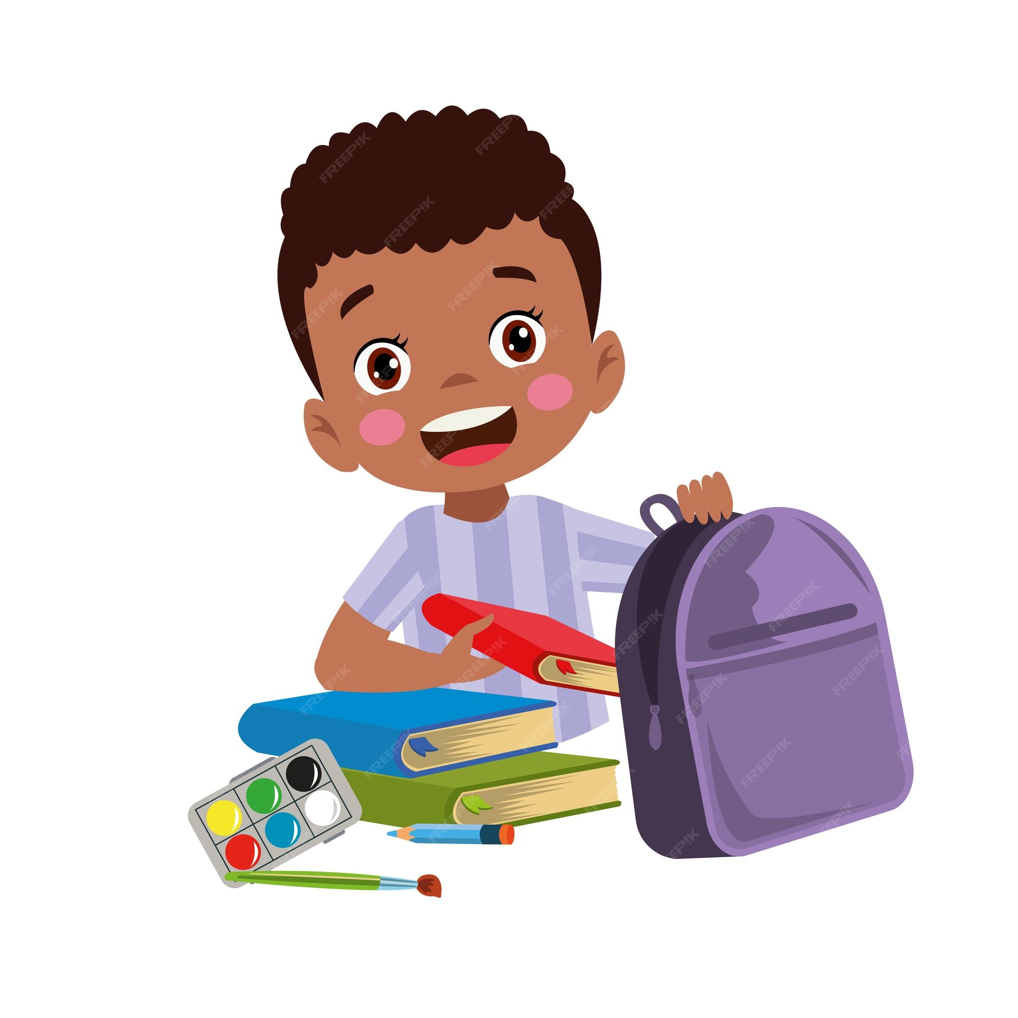 Premium Vector | Happy cute kid boy prepare bag for school Premium Vector | Happy cute kid boy prepare bag for school