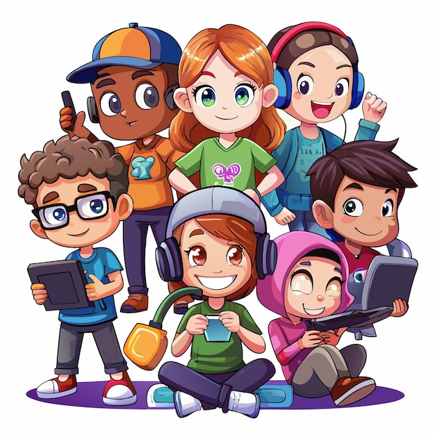 Happy and diverse group of children using technology with smiles ... Happy and diverse group of children using technology with smiles ...